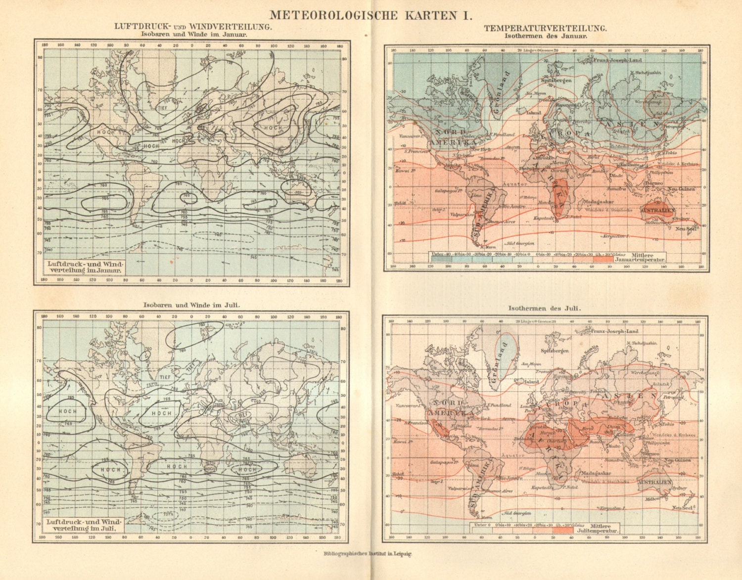 1909 Vintage Weather Map of the World by CabinetOfTreasures
