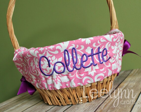 Personalized Easter Basket Liner Pink Damask by StitchedStamped