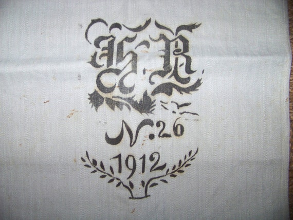 Antique german grain sack linen hand woven printed