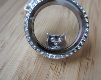 Cat face floating locket charm Cat lover charm small silver plated pewter