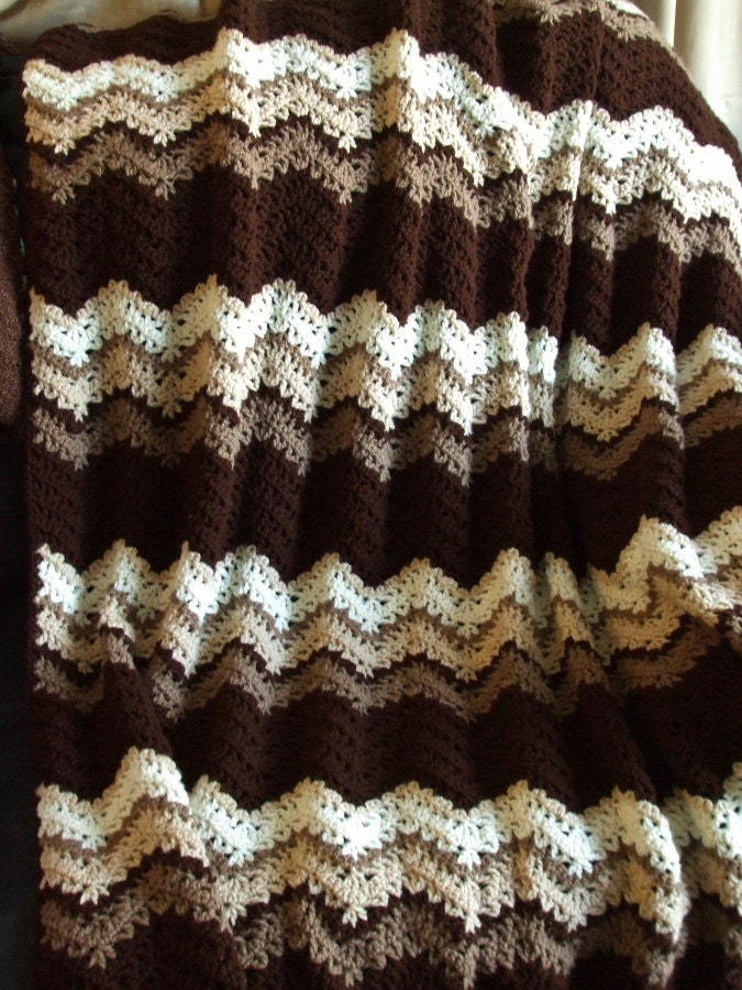 Ripple Afghan in Brown and Cream Crochet Throw Blanket