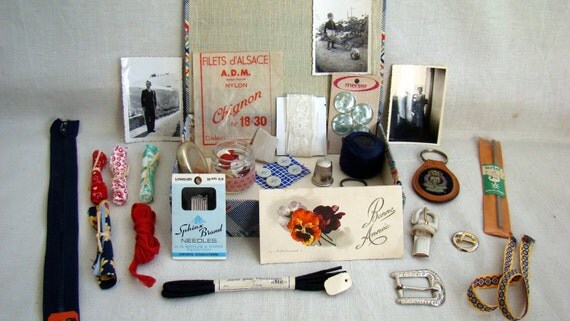 Items similar to French vintage sewing box with antique sewing notions ...