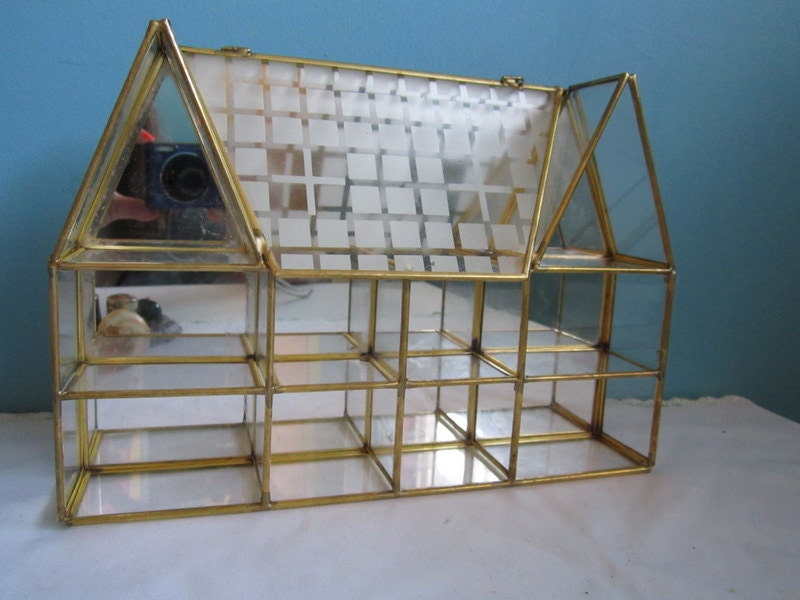 House Shaped Miniature Trinket Display case Shadow Box Glass Mirror and ...