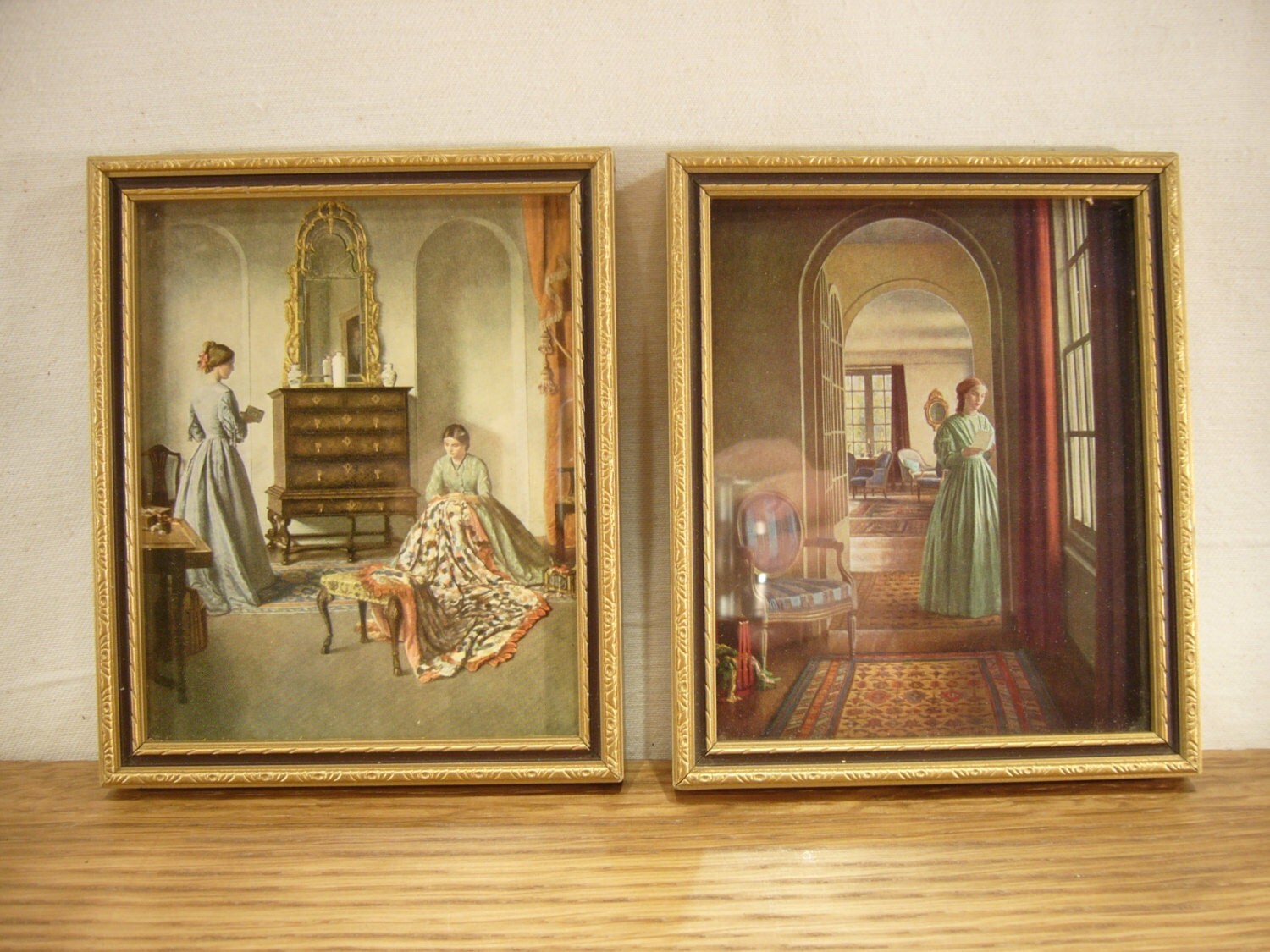Vintage 1970s pair of small framed prints of paintings by