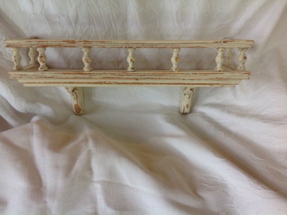 Wooden Shelf With Spindle Railing Upcycled Cream Distressed