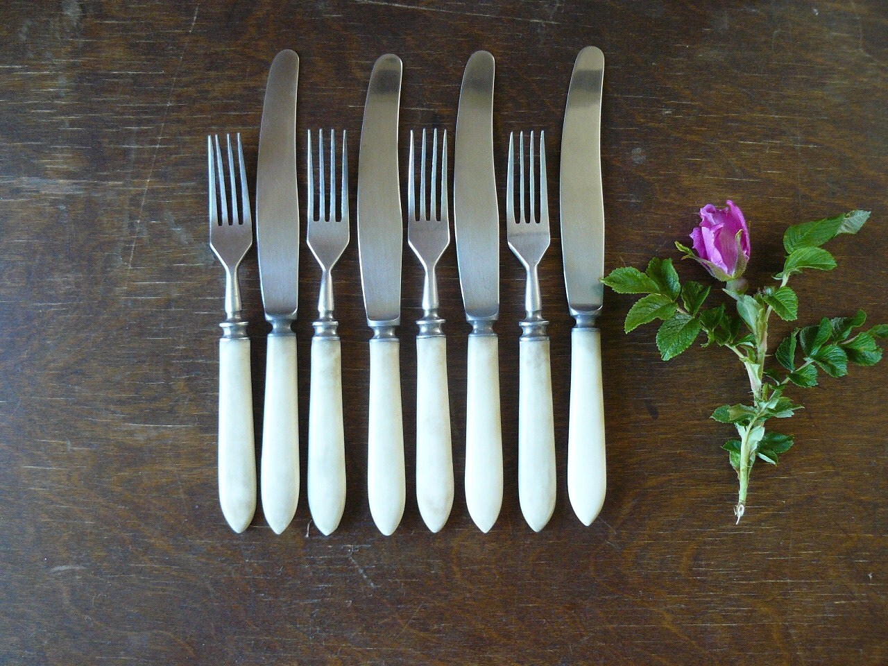 Ivory Bakelite handles Flatware Set of 8, Vintage Soviet Forks Knives ...