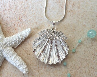 Crystal Silver Seashell Necklace on an 18 inch Silverplated Snake Chain ...