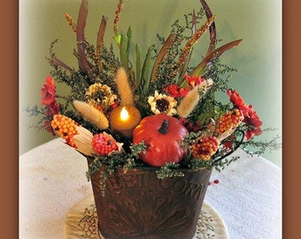 Primitive Fall Decor in Rusty Bucket w/ Sweet Annie and a Tea-Light