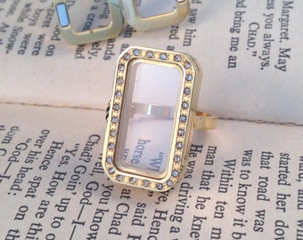 1 ~ Gold Square Floating Locket Charm Ring Living Locket Ring Stainless ...