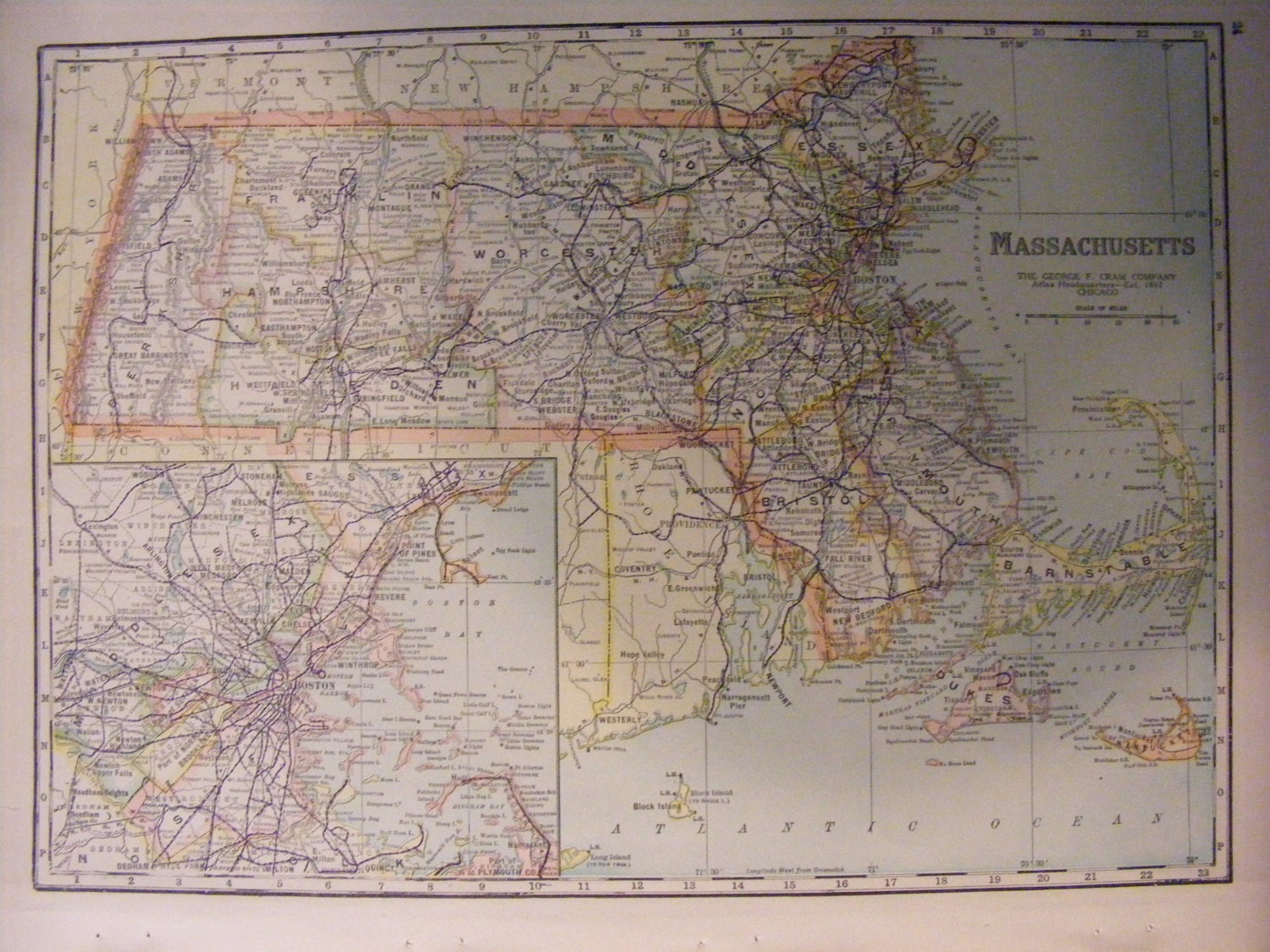 1923 Vintage Map of Massachusetts and New Hampshire