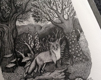 Woodland Fox Print - Fox & Foliage Pen and Ink Illustration