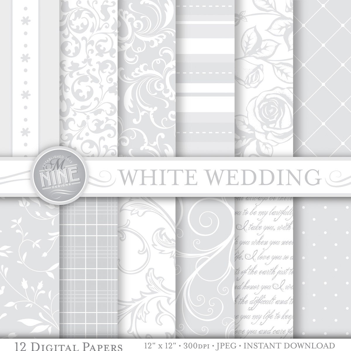 Wedding Digital Paper: WHITE WEDDING Printable Pattern Prints