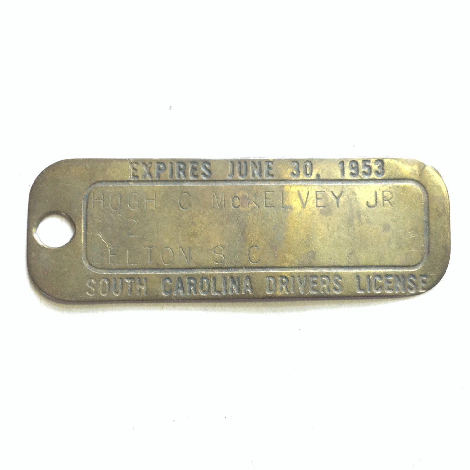 Brass South Carolina 1953 Drivers License Belton SC Vintage