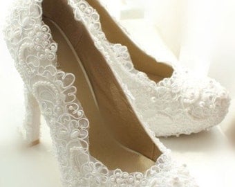 White lace high heels lace wedding shoes Bling bridal shoes prom shoes ...