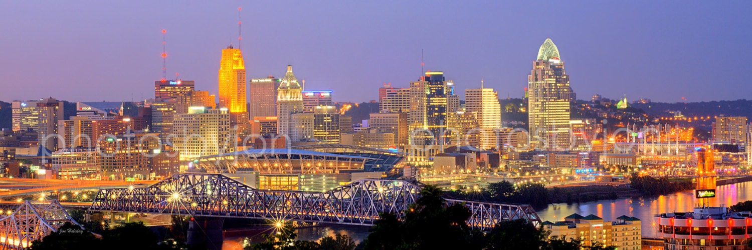 Cincinnati Skyline DUSK Panoramic Photo Print Cityscape Cincy