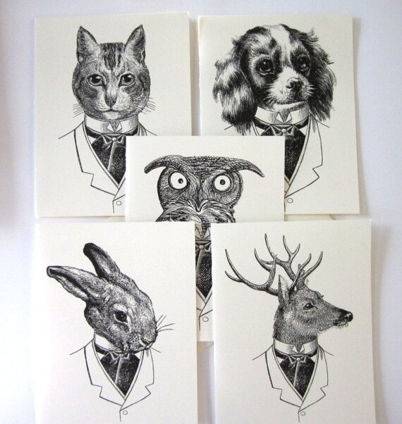 Animal Cards Set of 10 in White or Light Ivory with Matching