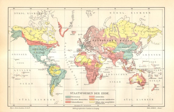 1905 Antique World Map showing the Different Types of States