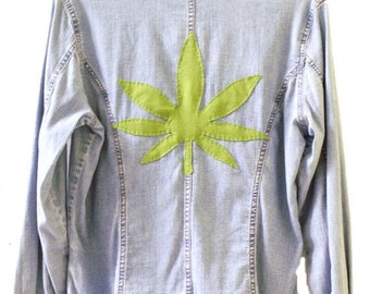 Marijuana Leaf Upcycled Denim Jacket Size Medium