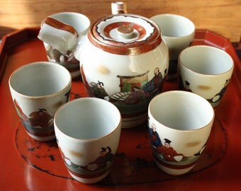Vintage Japanese tea set, signed Kutani Kyusu teapot and five cups