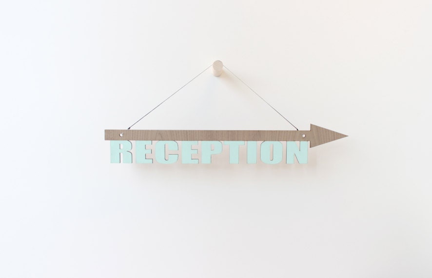 Modern Wedding Reception Arrow Sign: natural walnut + sea lily blue ...