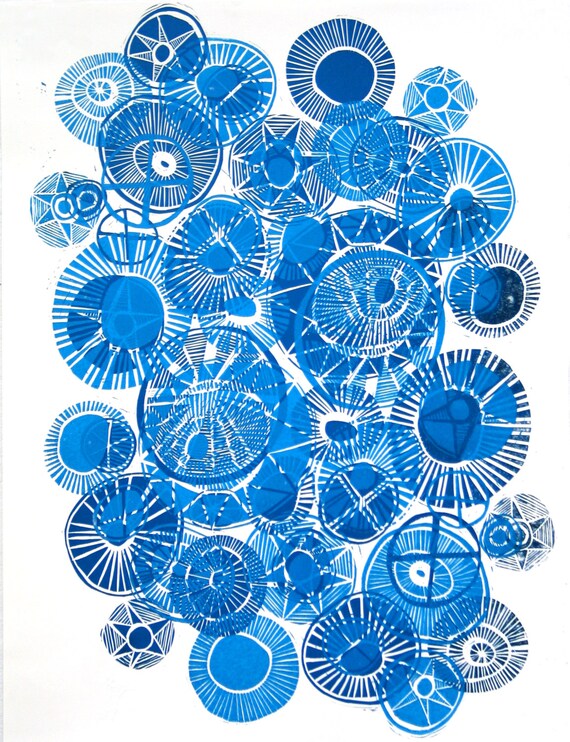 Cellular abstract original linocut print in blue 18 x 24