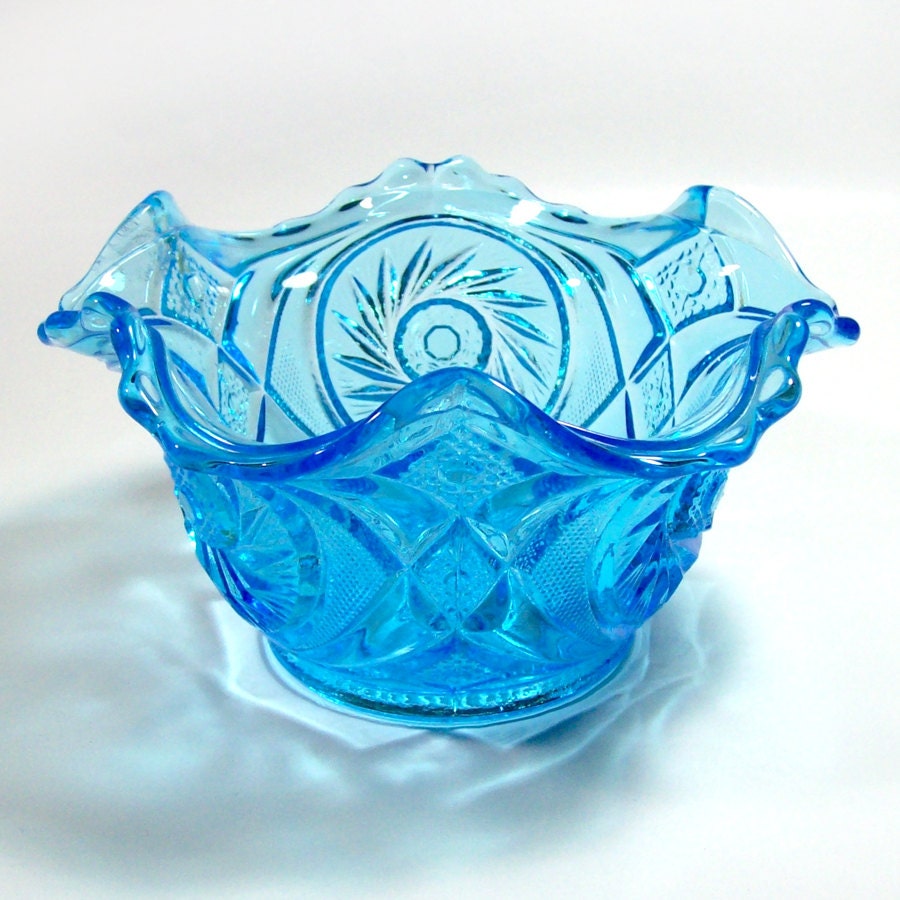 Vintage Blue Pressed Glass Rose Bowl 1960s Kemple Aztec Blue