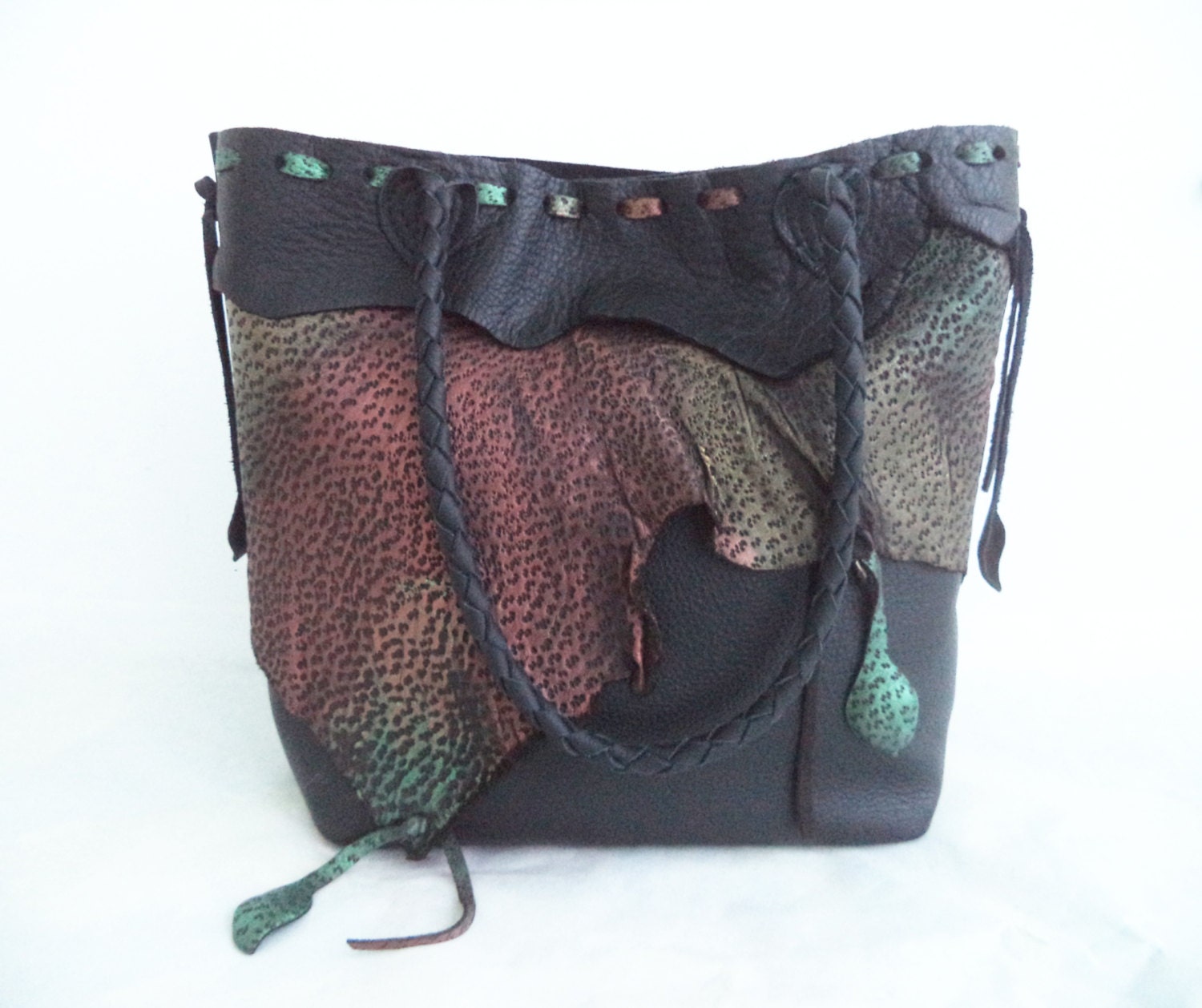 black leather handbag tote with multi colored metallic ruffle