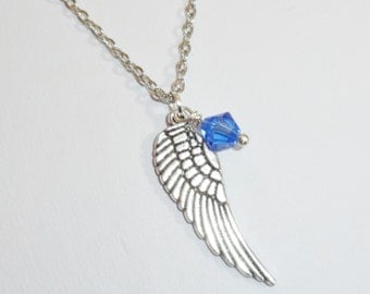 Angel Wing Necklace, Swarovski Birthstone, Birthday Gift, Silver ...