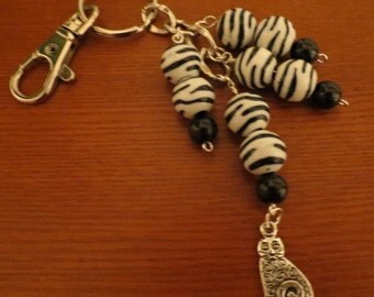 Zebra Beads & Cat Charm Keychain, Purse Jewelry, Beaded Key Ring ...