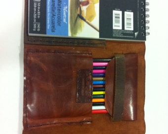 Leather sketchbook case with pen holder and cross body strap
