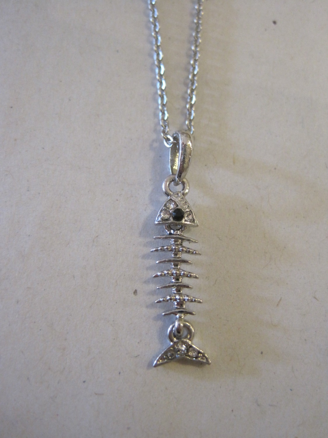 Silver Bonefish Necklace Rhinestone Fish Necklace Fish