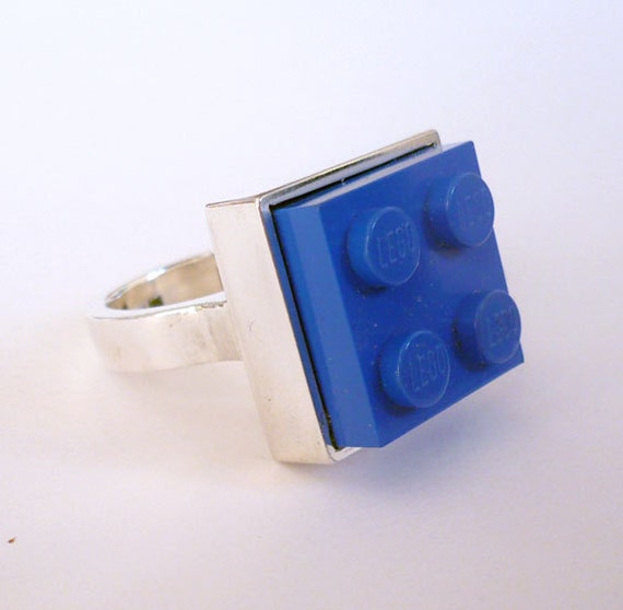 Handmade sterling silver ring with blue lego brick
