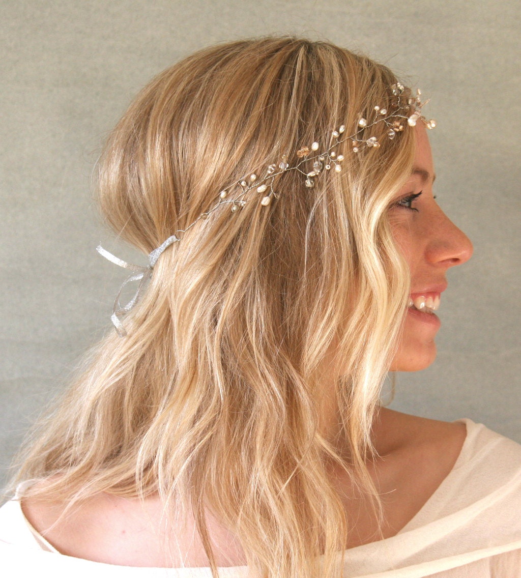 Crystal and Freshwater Pearl Hair Vine Halo. by ElevenSkiesStudio
