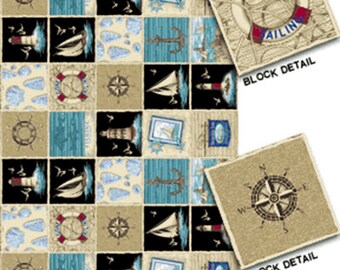 By The Sea Panel in Black - Nautical - Cotton Quilt Fabric from Benartex