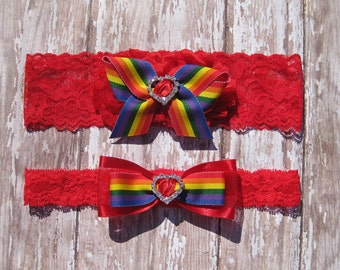 Rainbow Garter Set...Rainbow Wedding Garters...Bridal Garter and Toss ...