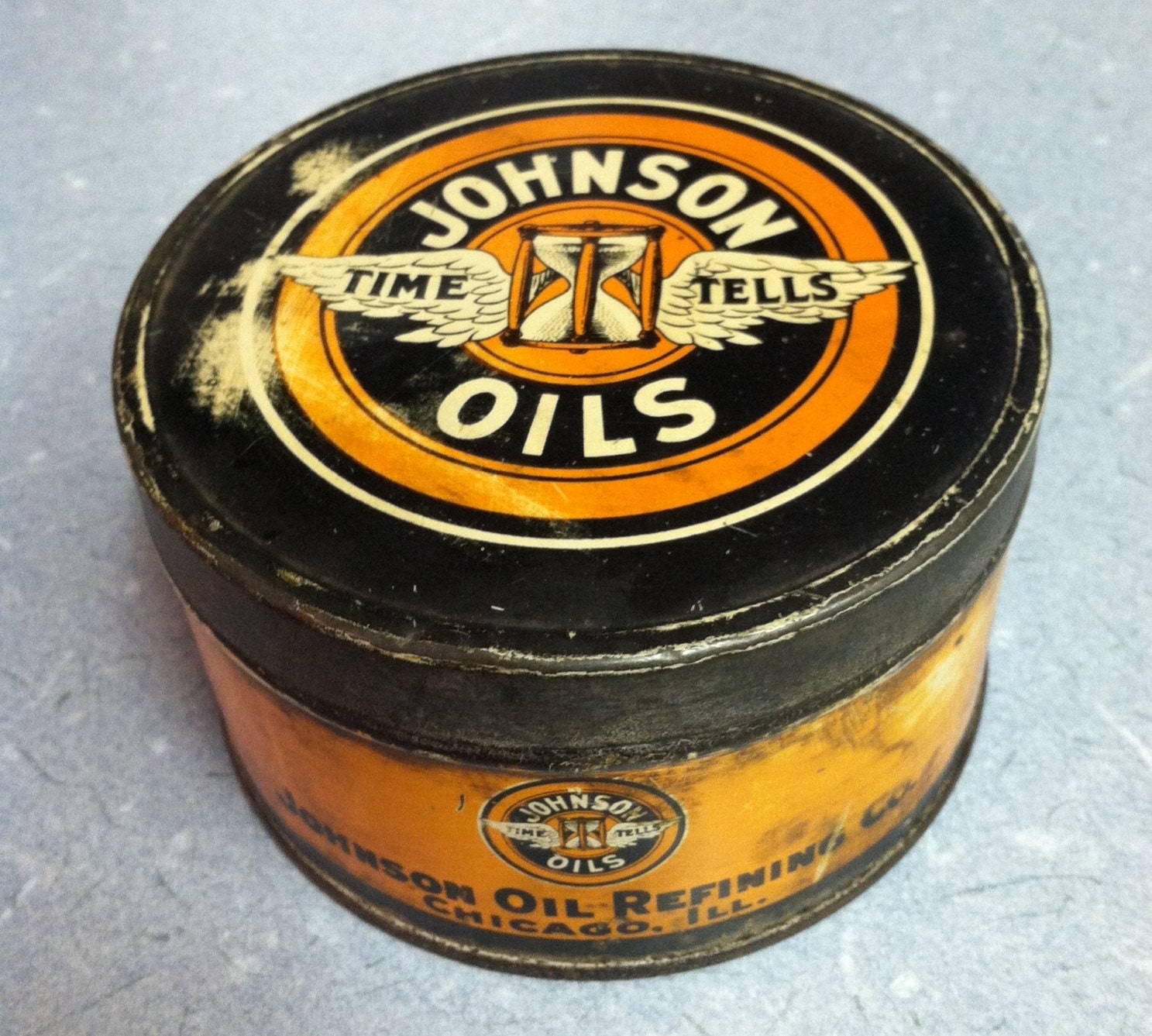 Items similar to Johnson Oil Company Time Tells 1 LB Grease Can on Etsy