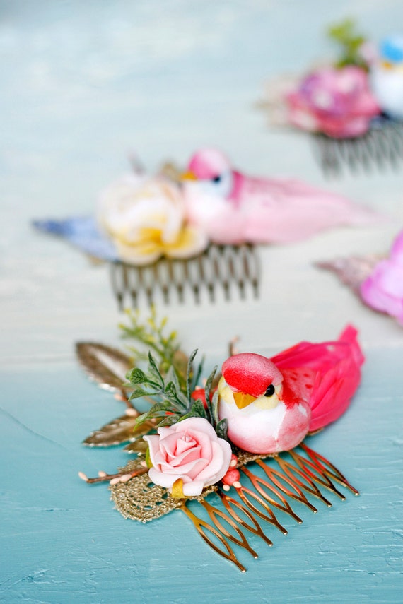 Items similar to Bridal Floral bird head comb, bird comb, wedding hair ...