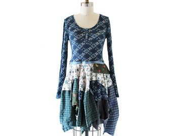 Upcycled Dress, Boho Grunge in Blue Green White Grey, Floral Plaid ...