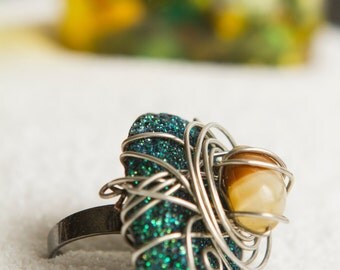Turquoise/Green Wire Wrapped Mermaid Ring