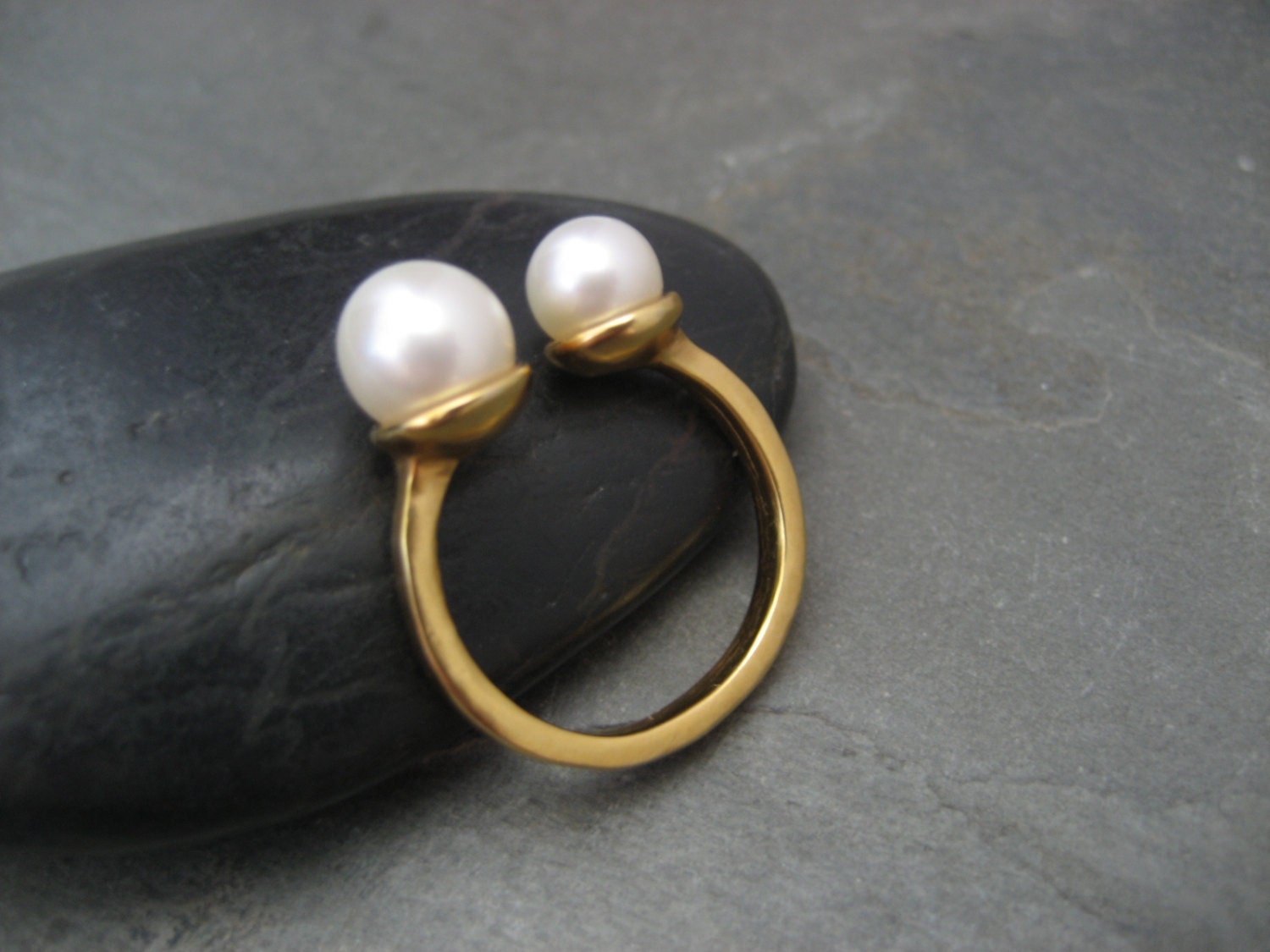 Twin pearl ring solid sterling silver with 18k gold plating