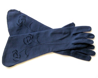 Vintage Navy Evening Gloves with Floral Cutout Embroidery- 14.5 Inch ...