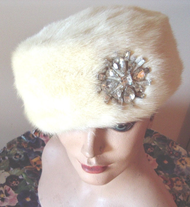 SALE 1960s White Mink Russian Style Toque Hat/ Large Rhinestone Pin ...