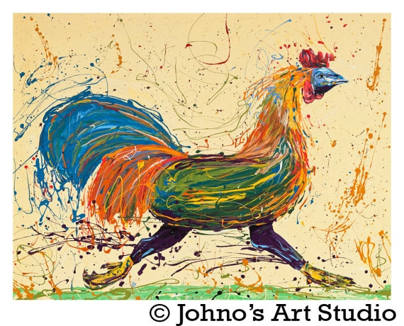 Rooster painting Abstract art Modern wall art Running