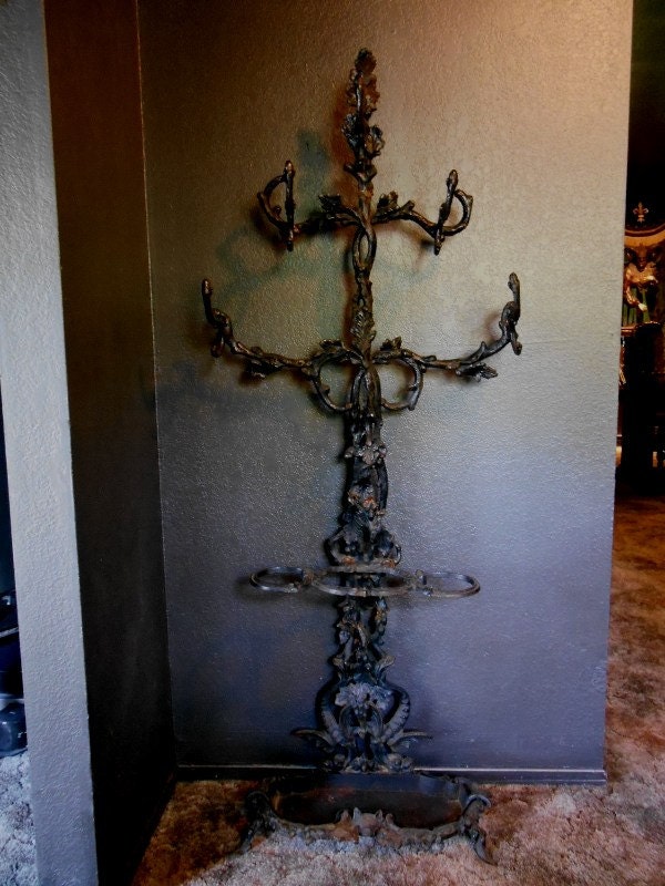 REDUCED – Antique Hall Tree Black Gothic with Dragons and Mythical ...