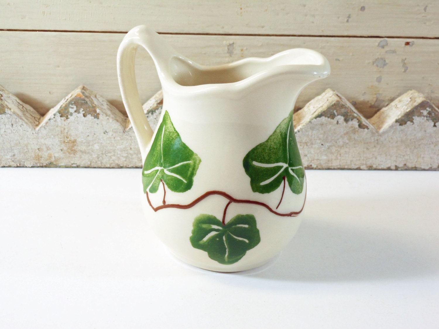 Small Ironstone Pitcher with Raised Ivy Vine Design Green Leaves ...