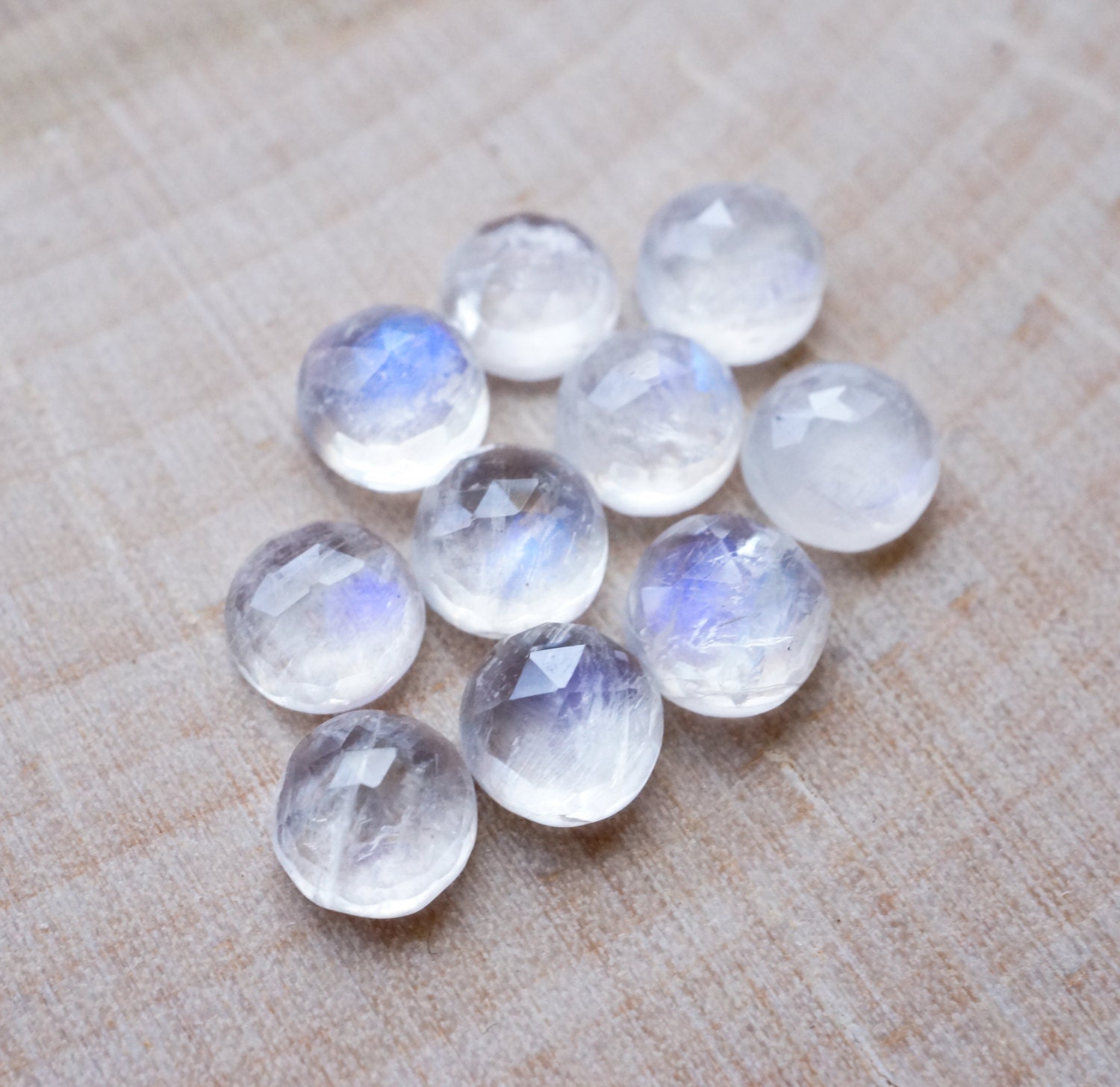 5mm rainbow moonstone faceted cabochons. rose cut moonstone