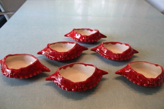 6 Vintage RED Ceramic Crab Shell Serving Dishes
