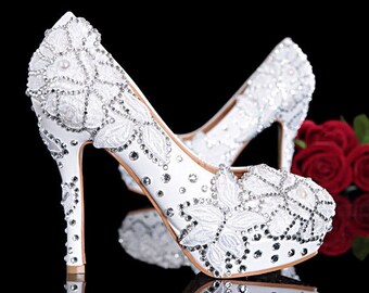 Crystal and Pearl Encrusted High Heel Concealed Platform Ivory wedding ...
