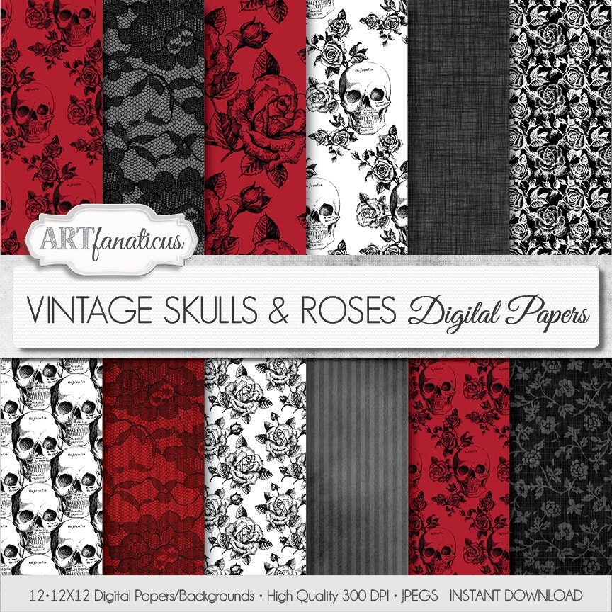 Halloween digital papers VINTAGE SKULLS & FLOWERS