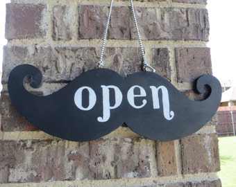 MUSTACHE OPEN CLOSED sign hand painted pine in black and white acrylic ...